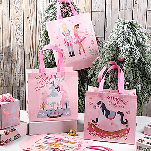 LeZakaa 12PCS Bags with Handles, Pink Recycled Bags, Treat Bags, Multifunctional Non-Woven Christmas Bags for Child, Kids - Cartoon Pattern, 10.5' x 5'x 10.5'