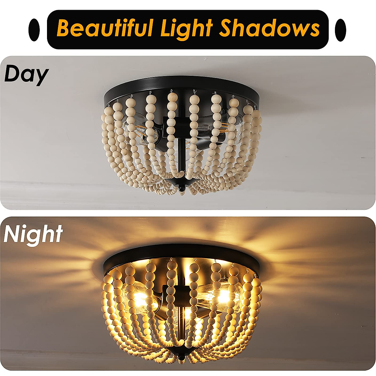 3-Light Boho Wood Bead Chandelier Ceiling Flush Mount Light Fixture,Solid Oak Natural Wood Color Chandelier for Hallway Small Room Baby's Nursery Bedroom Laundry Room Cloakroom