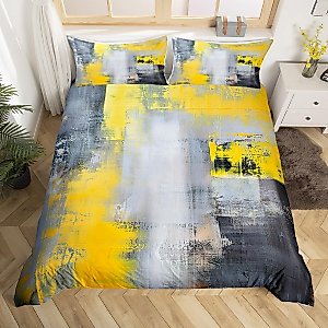 Retro Abstract Watercolor Bedding Set,Yellow and Black Duvet Cover for Kids Teens Boys Girls,Modern Art Comforter Cover Decorative Room,Stripe Squares Quilt Cover with 2 Pillowcases,King Size