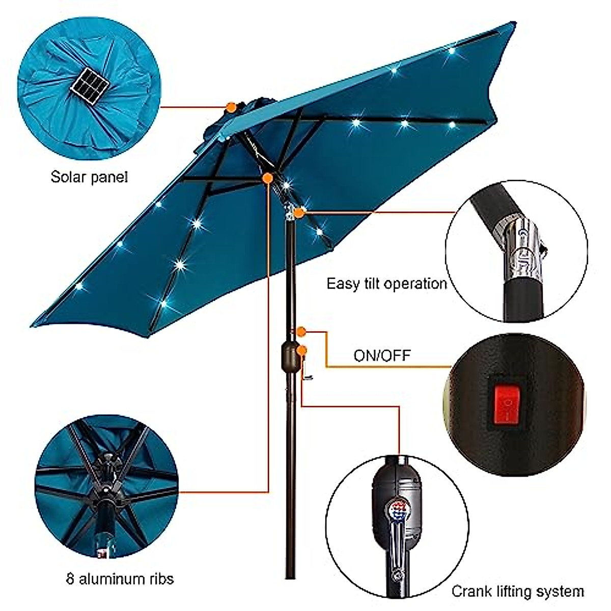 Blissun 7.5 ft Solar Umbrella 18 LED Lighted Patio Umbrella Table Market Umbrella with Tilt and Crank Outdoor Umbrella for Garden, Deck, Backyard, Pool and Beach, Cerulean