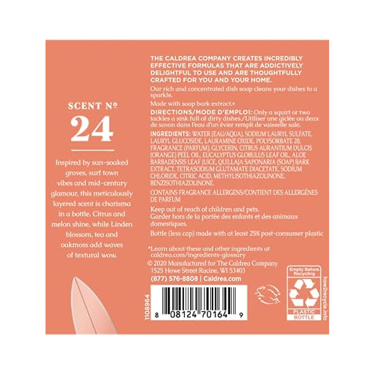 Caldrea Dish Soap, Biodegradable Dishwashing Liquid made With Soap Bark And Aloe Vera, Tangelo Palm Frond Scent, 16 Oz