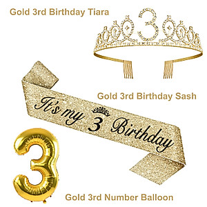 3rd Birthday Decorations for Girls, Including 3rd Birthday Sash and Tiara, Cake Topper and Candle 3, Number 3 Balloon Gold, 3 Birthday Gifts for Girls, 3 Birthday Party Decorations (Gold)
