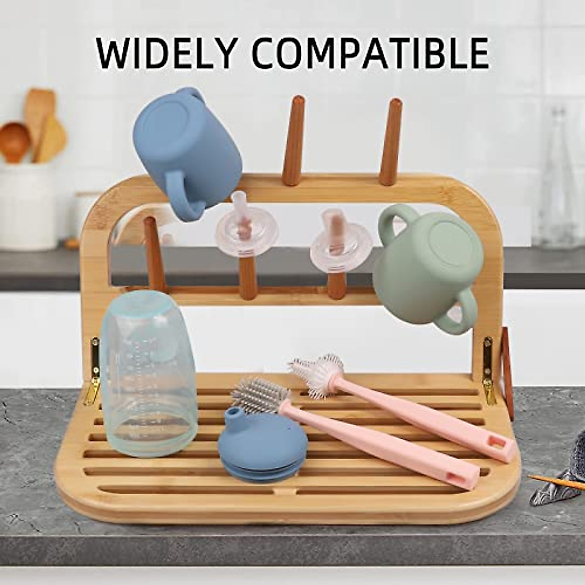 Bamboo Baby Bottle Drying Rack, Space Saving Kitchen Drying Rack & Bottle Holder for Plastic Bag, Cup, Glass, Dish, Accessories, Reusable Ziplock and Freezer Bag Dryer Rack