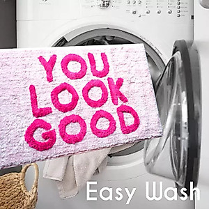 You Look Good Bath Mat Funny Cute Bathroom Rugs for Girls Hello Gorgeous Beautiful Funny Shower Fun Bathroom Decor Non-Slip Washable Kids Women Light Pink Blush Hot Pink