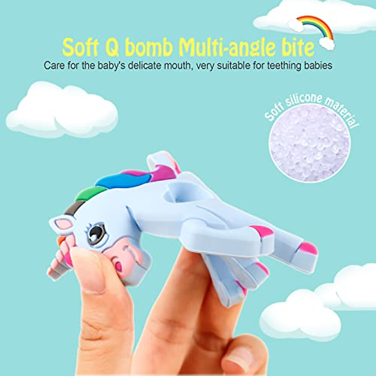 HAOBAOBEI Unicorn Baby Teething Toy for 0-6month Gifts, Infants Chew Toys for Sucking Needs, Hand Pacifier for Breast Feeding Babies, Silicone Toy for New Born(1 Pack-Blue)