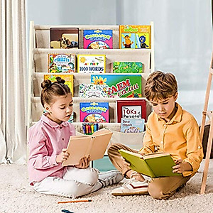 Costzon Kids Bookshelf, Wooden 4 Sling Book Shelves with 2 Pull-Out Toy Storage Boxes, Classroom Display Book Rack Organizer Furniture for Toddlers Kids Room, Nursery, Bedroom (Beige)