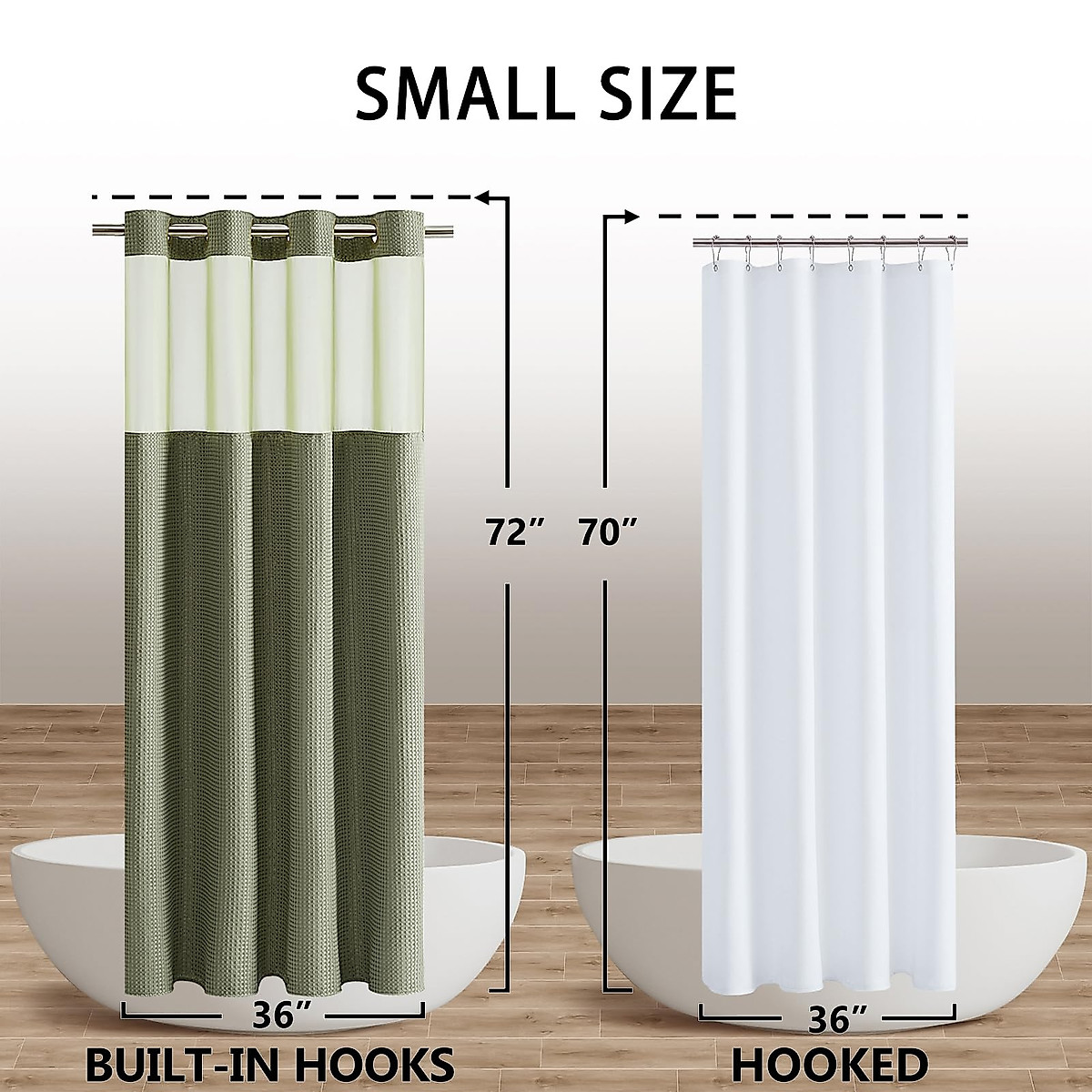 Yuanice No Hooks Needed Waffle Fabric Stall Shower Curtain 36x72 with Snap in Liner,Sage Green Narrow Shower Curtain Set with See Through Top Window Hotel Grade Decorative Spa Like Bath Curtain.