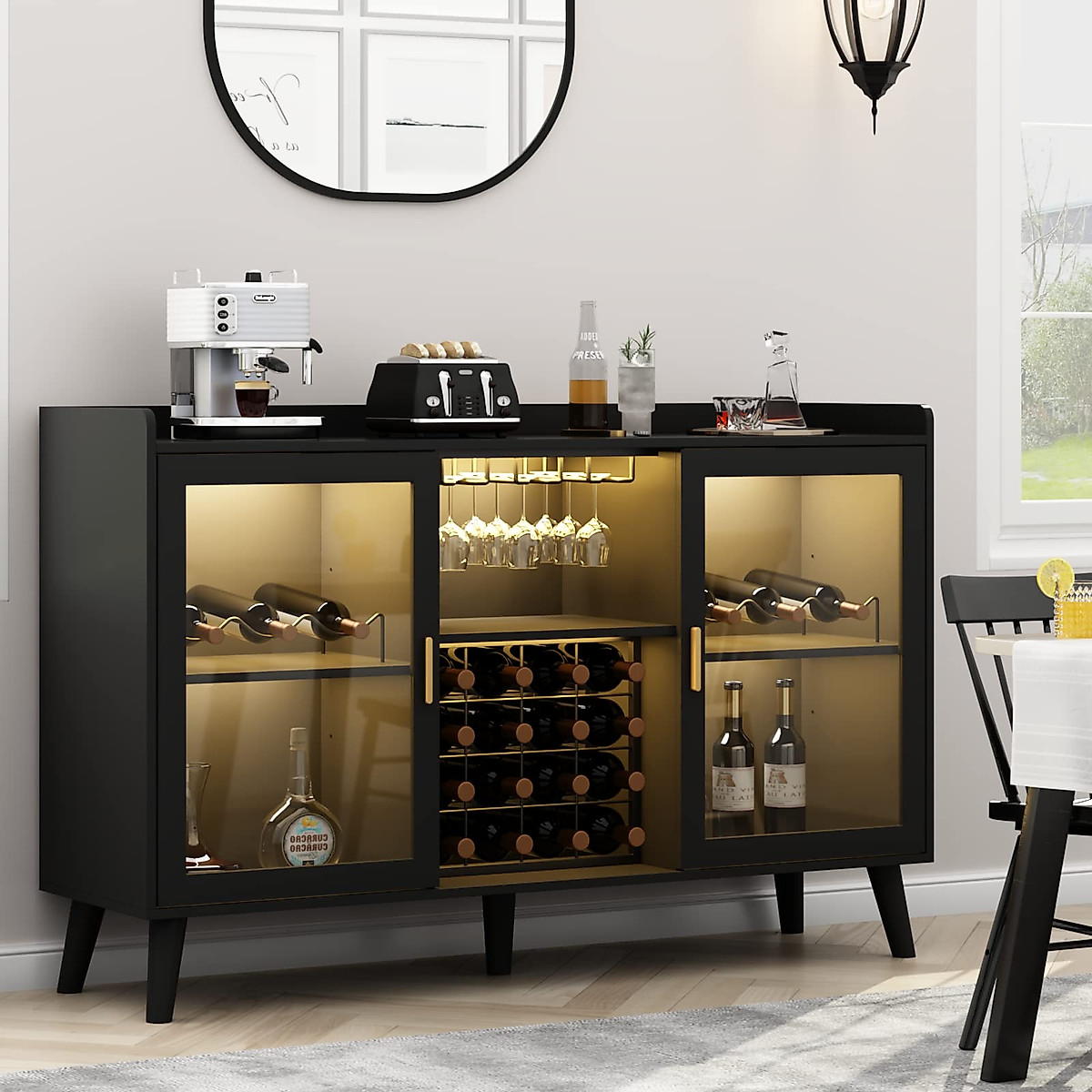 Gyfimoie Modern Wine Bar Cabinet with LED Light, Home Coffee Cabinet w Wine Rack and Glass Holder, Kitchen Sideboard Buffet Cabinet w Storage Shelf, Freestanding Liquor Cabinet w Glass Door (Black)