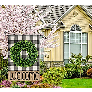 Welcome Spring Garden Flag for Outside,Buffalo Plaid Boxwood Wreath Small Yard Flag, Summer Seasonal Decors for Outdoor Farmhouse Holiday 12x18 Double Sided