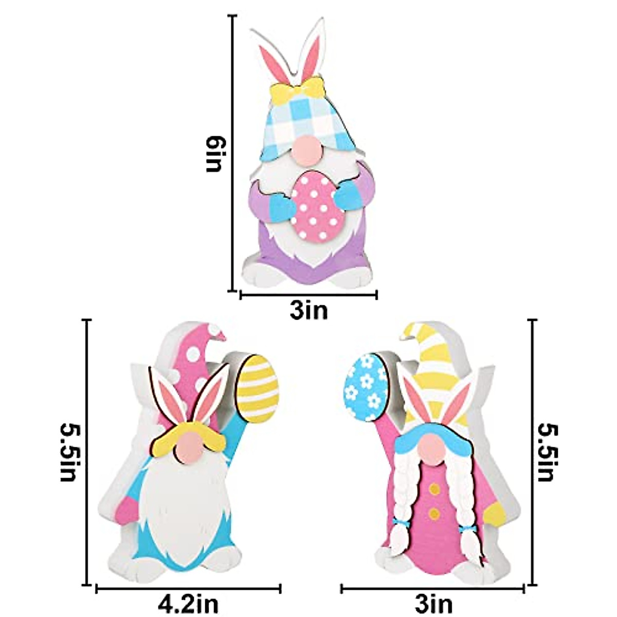 Treory Easter Decorations for The Home, 3 pcs Easter Bunny Shape Gnome Freestanding Wooden Table Centerpiece Signs Easter Gnomes for Tabletop Home Tiered Tray Decor Farmhouse for Easter Gifts