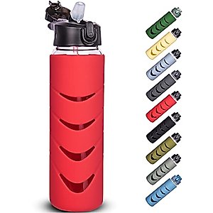 Justfwater 32 oz Borosilicate Glass Water Bottle with Straw Reusable Glass Drinking Bottle with Flip Top Lid and Silicone Sleeve (Red)