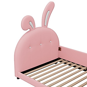 Cute Twin Size Upholstered Princess Bed,Platform Bed with Rabbit-Shape Headboard and Footboard,for Kids Toddlers Boys Girls Bedroom Use (Pink@Rabbit, Twin)