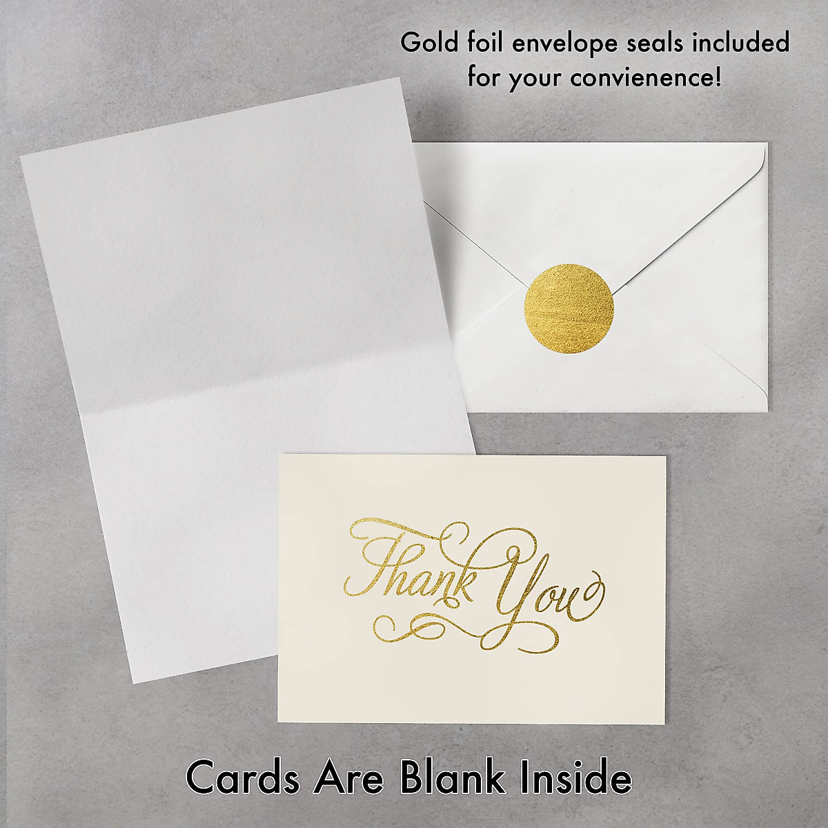 Designer Greetings Bulk Blank Thank You Cards for Any Occasion, Gold Foil Embossed Script (50 Foil-Embossed Thank-You Notes and Envelopes), White, (000-06919-001)