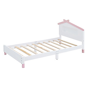 Twin Platform Bed with LED Lights, Wooden Twin Kids Bed with House-Shaped Headboard, Twin Size House Bed Frame for Kids Teens Girls Boys,No Box Spring Needed (White+Pink)