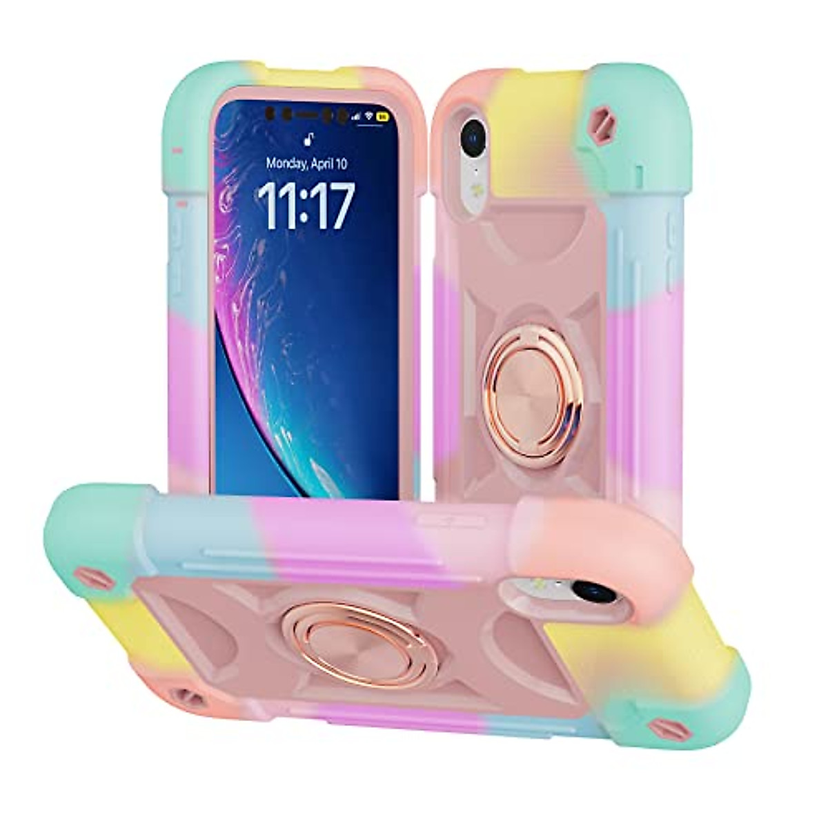 Cookiver for iPhone XR Case 6.1 Inch with Ring Stand, with 2 Pack Glass Screen Protector,Heavy-Duty Shockproof Rugged Military Grade Cover with Magnetic Car Mount for iPhone XR (Rainbow Pink)