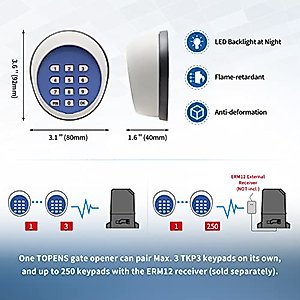 TOPENS TKP3 Wireless Keypad Keyless Entry Keypad Digital Code Panel Security Control for Automatic Swing Sliding Gate Opener Garage Door Opener, Remote Operator Accessory for Outdoor Use