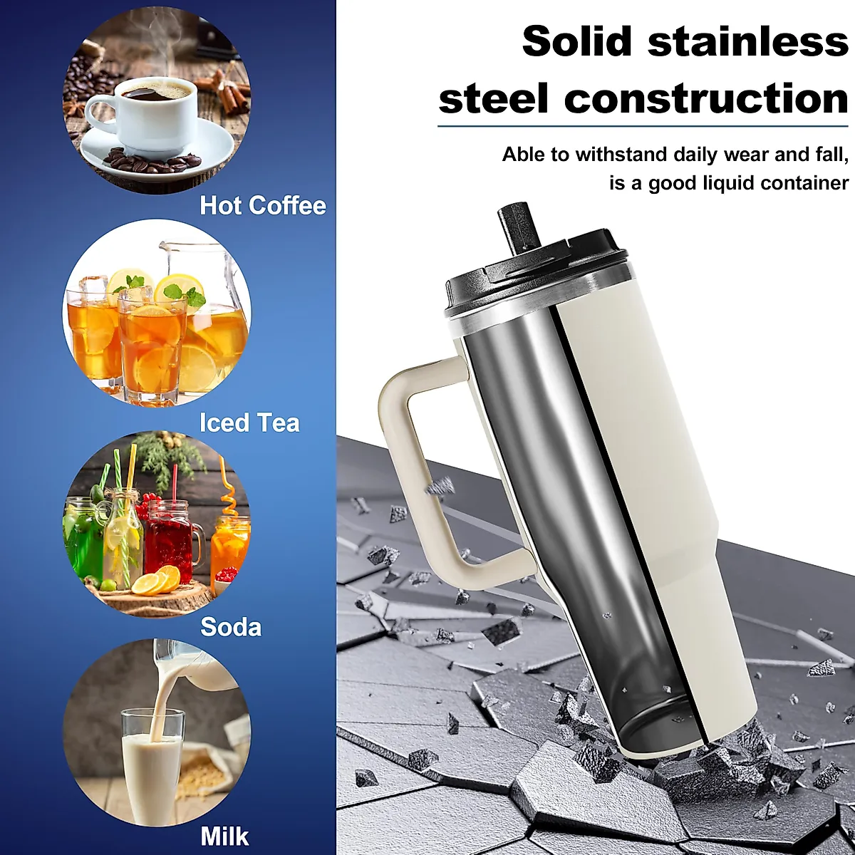 Klickpick Home 40 Ounce Stainless Steel Vaccum Insulated Thermal Tumbler With Handle Lid 2 straws, Reusable Travel Coffee Mug Cup Cupholder friendly, Keeps cold for 30 H, 100% Leakproof (Cream)