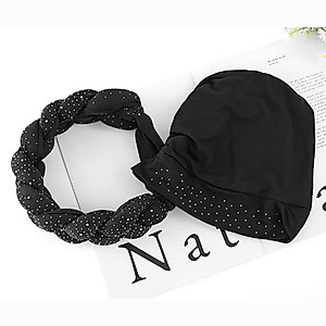 Urieo Twisted Braid Head Wrap Black Rhinestone Turban Hat African Beanie Headwrap for Women