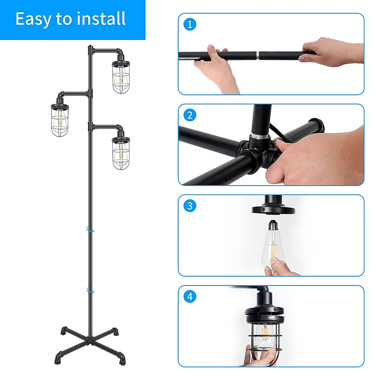 CONCA Steampunk Three Head Floor lamp, Tree Industrial Floor lamp, Rustic Edison Bulb, cage Shade Floor lamp (Black)