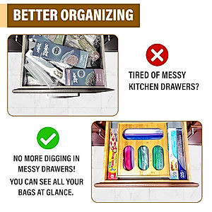 Zippy Bamboo Ziplock Bag Organizer for Drawer – 4 Labeled Compartment Bamboo Kitchen Food Storage Plastic Bag Organizer Holders, Gallon Quart Snack Sandwich and Slider Storage Bag Organizer