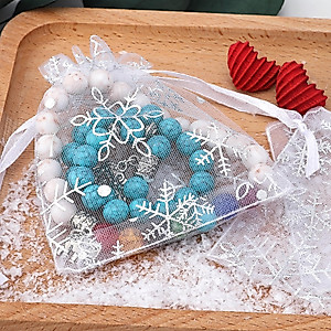 jijAcraft 50PCS White Christmas Organza Bags - 4x6 inch Snowflake Bags for Christmas, Xmas Favor Bags with Drawstring - Sheer Organza Bags for Christmas, Winter Party Gift, Jewelry Bags