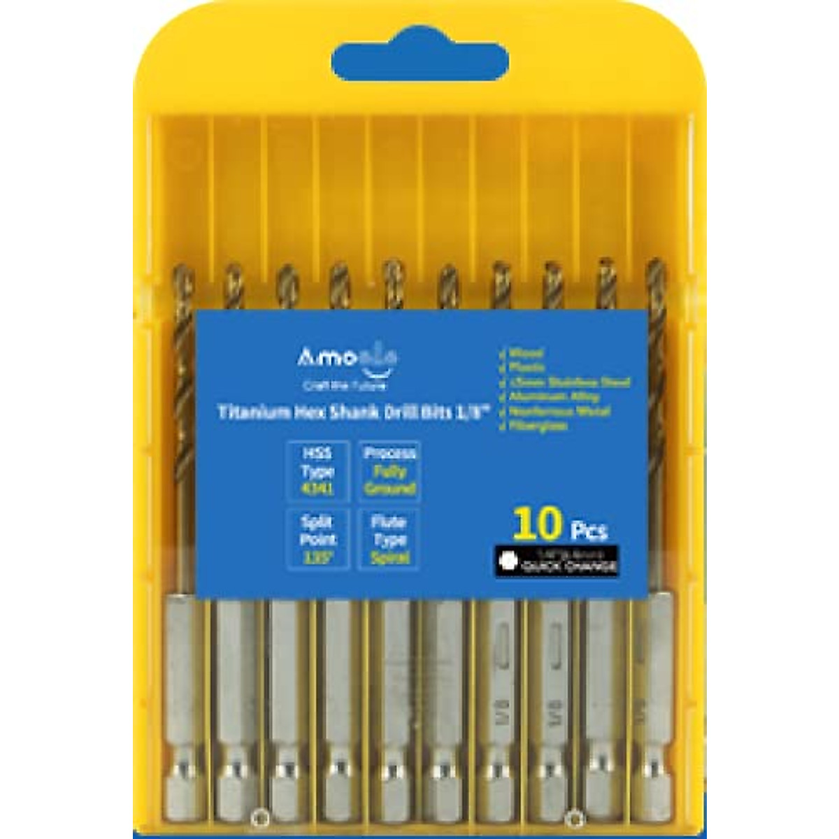 amoolo Hex Shank Drill Bit Set Combo 16Pcs (1/16"-1/4") + 10Pcs 1/8", Premium 4341 HSS Titanium Quick Change Impact Hex Drill Bits for Wood, Steel, Metal, Plastic