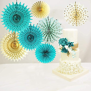 Teal Gold Birthday Party Decorations Women Cream Mint Gold Polka Dot Paper Fans for Teal Bridal Shower Decorations Teal Gold Wedding/Eid Mubarak Party Decorations