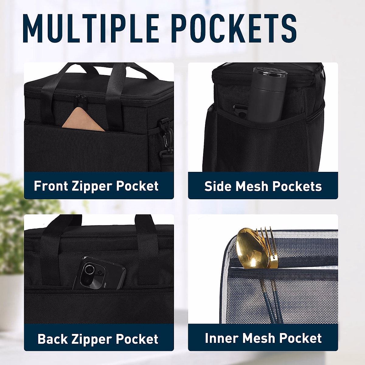 Aosbos Large Lunch Box for Men Women Insulated Lunch Bag 15L(24 Can) Leakproof Lunch Cooler Tote Bags Adult Lunch Pail Thermal Lunchbox Black Lunchbag for Work Picnic Travel