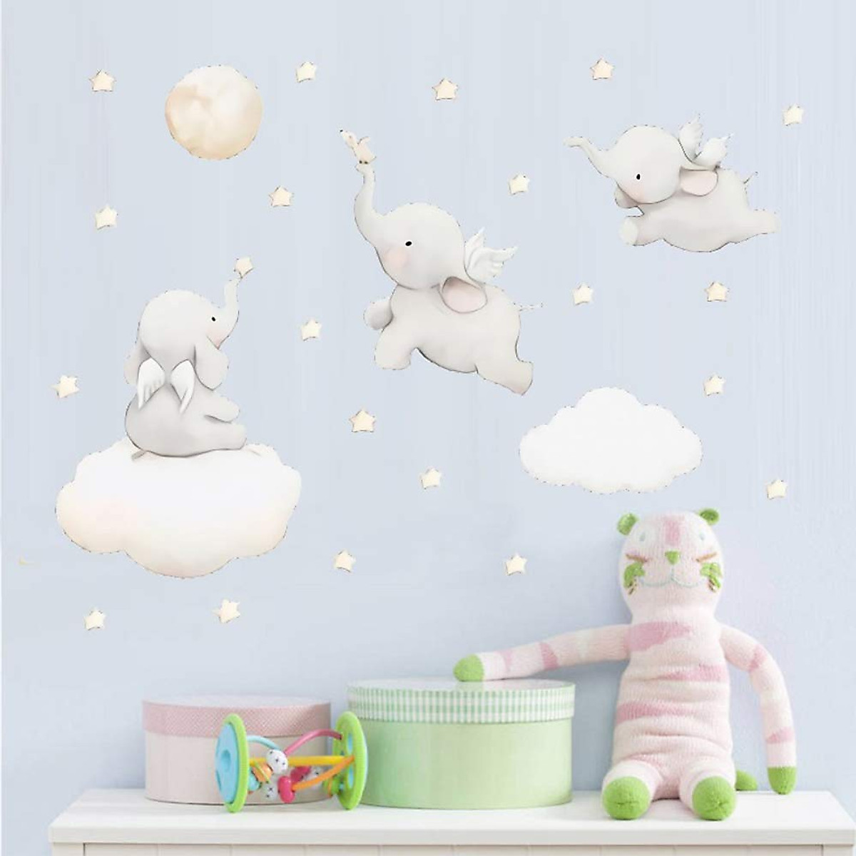 MASCARE Flying Elephant Wall Decal Animal with Cloud Moon Star Wall Sticker Dumbo Wall Art Decor for Kids Bedroom Baby Nursery Removable Home Background Decoration