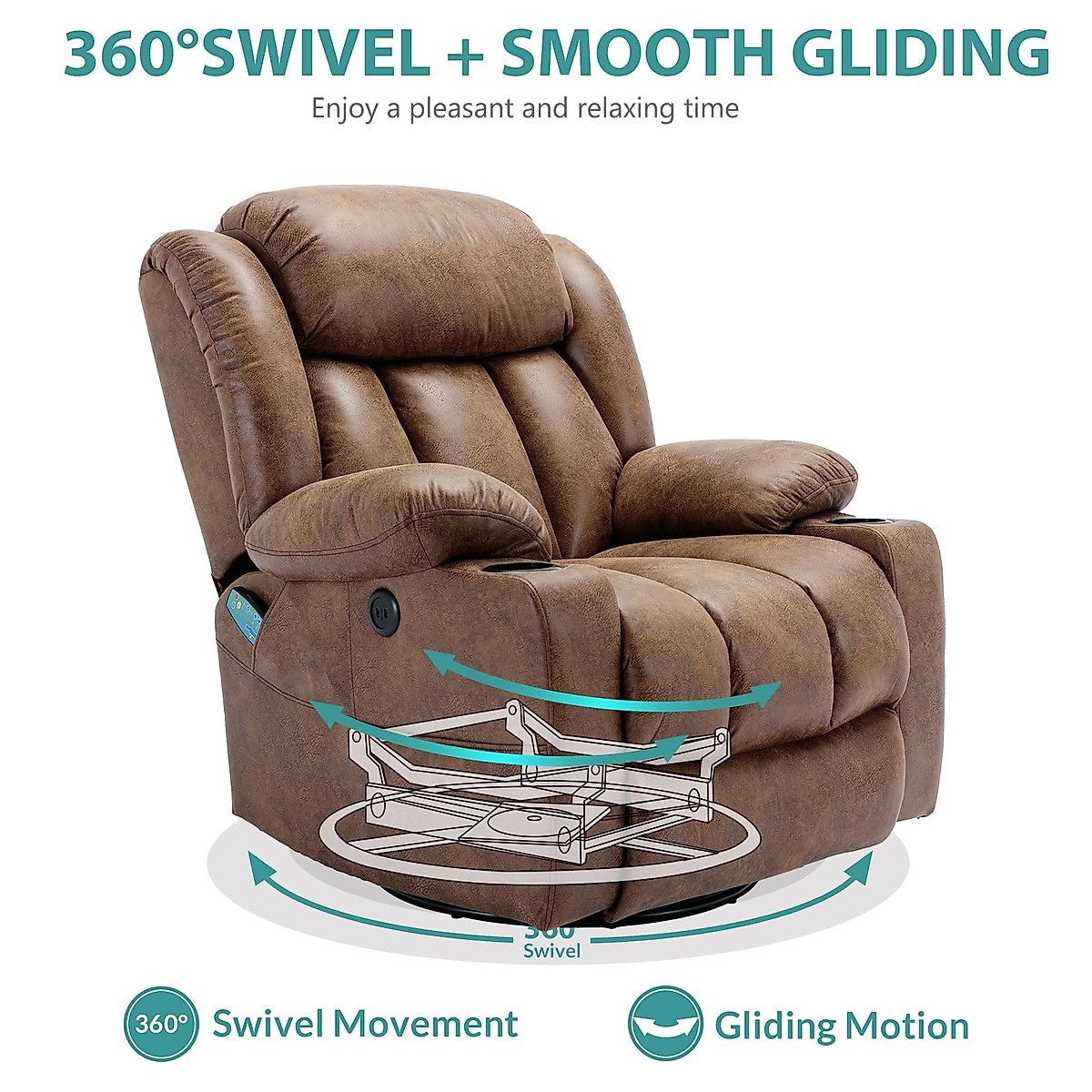 MEETWARM Massage Swivel Rocker Recliner with Heat and Vibration, Manual Glider Rocking Recliner Chair, 360°Swivel Lounge Reclining Chair with USB Ports/Cup Holder/Remote Control(Brown)