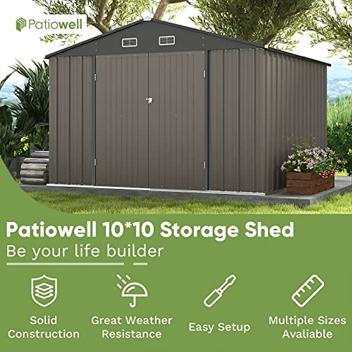 Patiowell 10 x 10 FT Outdoor Storage Shed,Metal Yard Shed with Design of Lockable Doors, Utility and Tool Storage for Garden, Patio, Backyard, Outside use,Brown