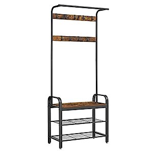 VASAGLE Coat Rack, Hall Tree with Shoe Bench for Entryway, Entryway Bench with Coat Rack, 4-in-1, with 9 Removable Hooks, a Hanging Rod, 13.3 x 28.3 x 72.1 Inches, Rustic Brown and Black UHSR40B