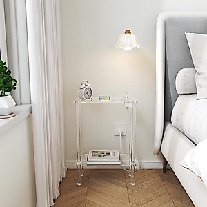 HMYHUM Acrylic Narrow Side Table with Charging Station, 7" Width, 2 Tier Small End Table for Small Spaces, Skinny Nightstand/Bedside Table with USB Ports & Outlet, Clear