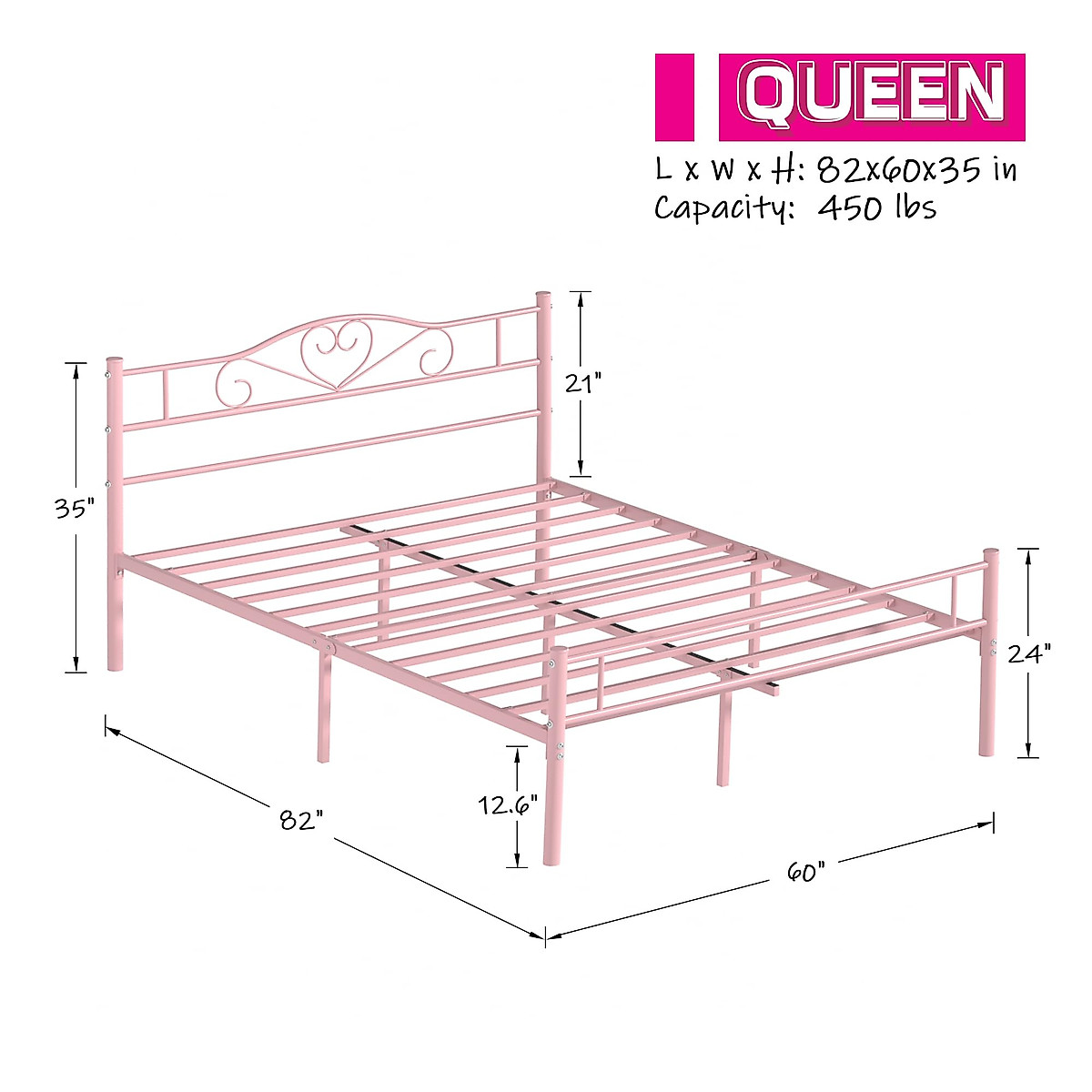 VECELO 14 Inch Queen Size Metal Platform Bed Frame with Headboard and Footboard, Heavy Duty Mattress Foundation with Steel Slats Support, No Box Spring Needed, Pink