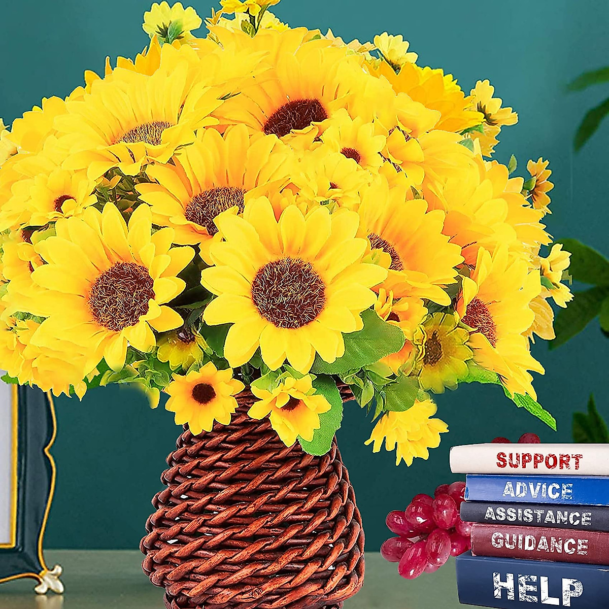 4 Bouquets of Artificial Sunflowers, Each Bunch of 4 Large Sunflowers Artificial Flowers Plus 9 Small Fake Flowers, Silk Fake Sunflowers for Home, Office, Garden Decor, DIY Flower Arrangement