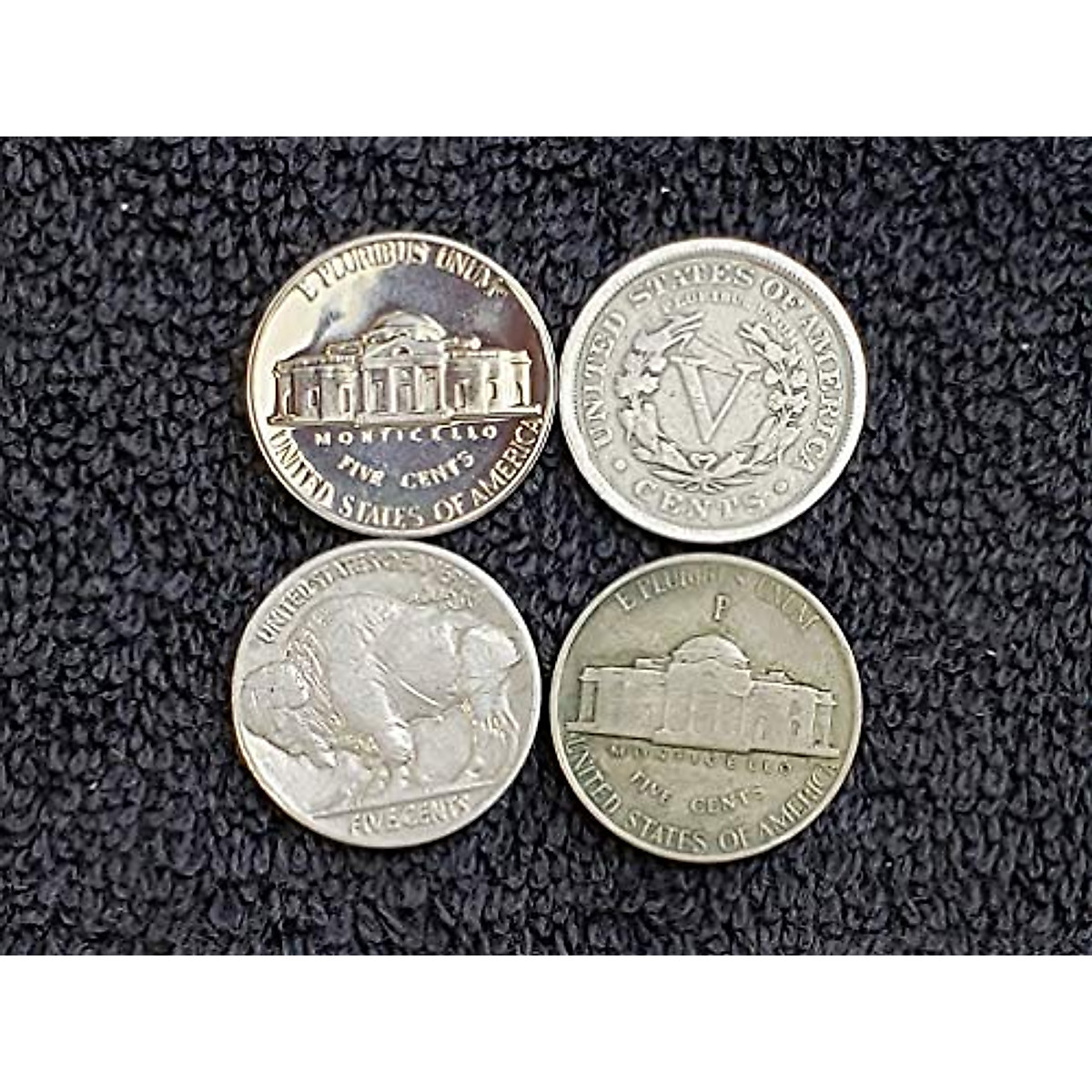 Lot of 4 Different Type Nickels - Liberty (1883-1912), Buffalo (1913-1938), Silver War Nickel (1942-45) and Proof Jefferson (1956-1999) 5c All grade Good and Better