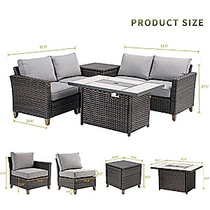 Grand patio Sofa Sets 6 Pieces Luxury Conversation Set with Fire Pit Table, Heavy Duty Rattan Patio Furniture Sectional with Thick Cushions for Yard Garden Porch(Brown Set with Fire Table, 6 PCS)