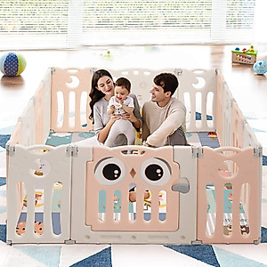 Costzon Foldable Baby Playpen Baby Fence with Lock Door, Rubber Pads & Anti-Slip Rubber Bases, Indoor Outdoor Safety with Adjustable Shape for Toddlers (14-Panel, Pink)