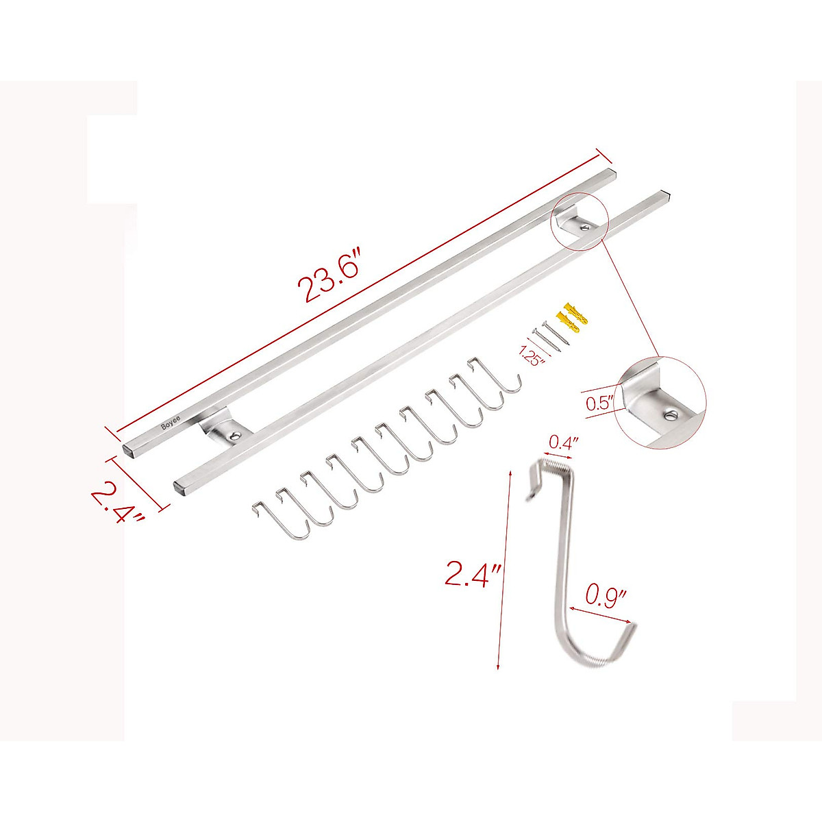 YOLLIT 24 Inch Stainless Steel Magnetic Knife Strip, with 10 Removable Square Hooks, Multi-use as Knife Holder, Utensil Rack, Cookware Rack, Cutting Board Rack, Space Saving Organizer for Kitchen