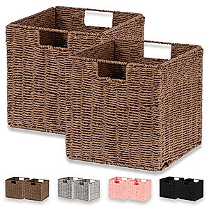 Vagusicc Wicker Baskets, Set of 2 Hand-Woven Paper Rope Foldable Cubby Storage Bins, Large Wicker Storage Basket for Shelves Pantry Organizing & Decor, Brown (11″×11″×11″)