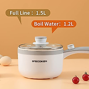 STECOKER Electric Hot Pot with Steamer (1.5LS), 1.5L Instant Pot, Ramen Cooker,110V 600W White