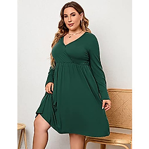 KOJOOIN Women's Plus Size V Neck A-Line Knee Length Wrap Swing Dresses Casual Loose Party Mini Dress with Pockets (Dark Green, 5XL)