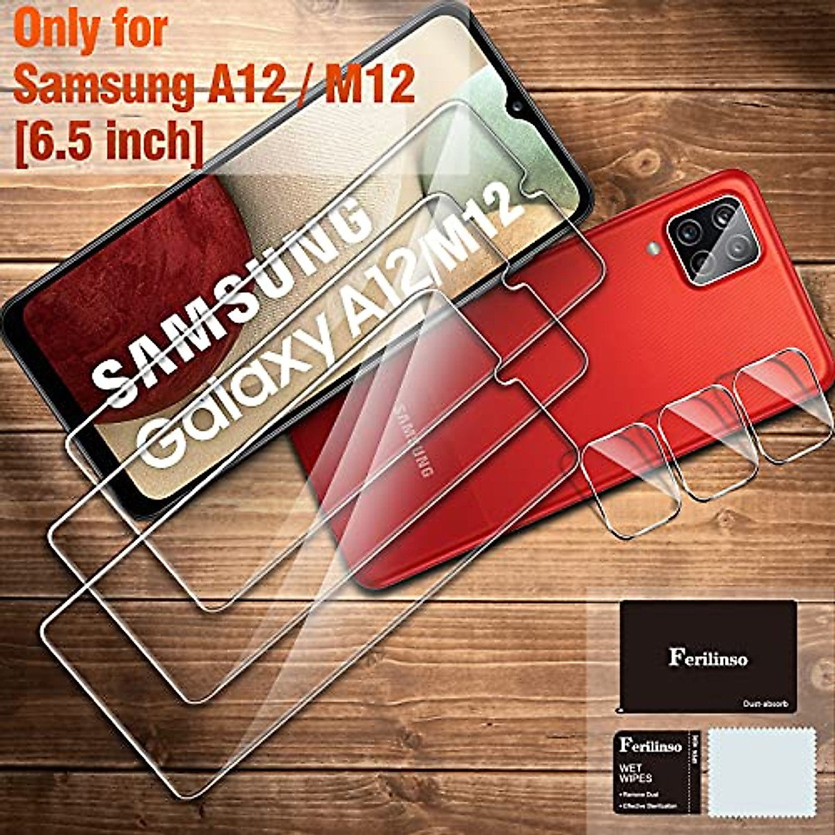 Ferilinso [6 Pack] 3 Pack Screen Protector + 3 Pack Camera Lens Protector for Samsung Galaxy A12/A12 Nacho [HD] [Tempered-Glass] [Case Friendly] [Anti-Fingerprint] [Easy Installation]