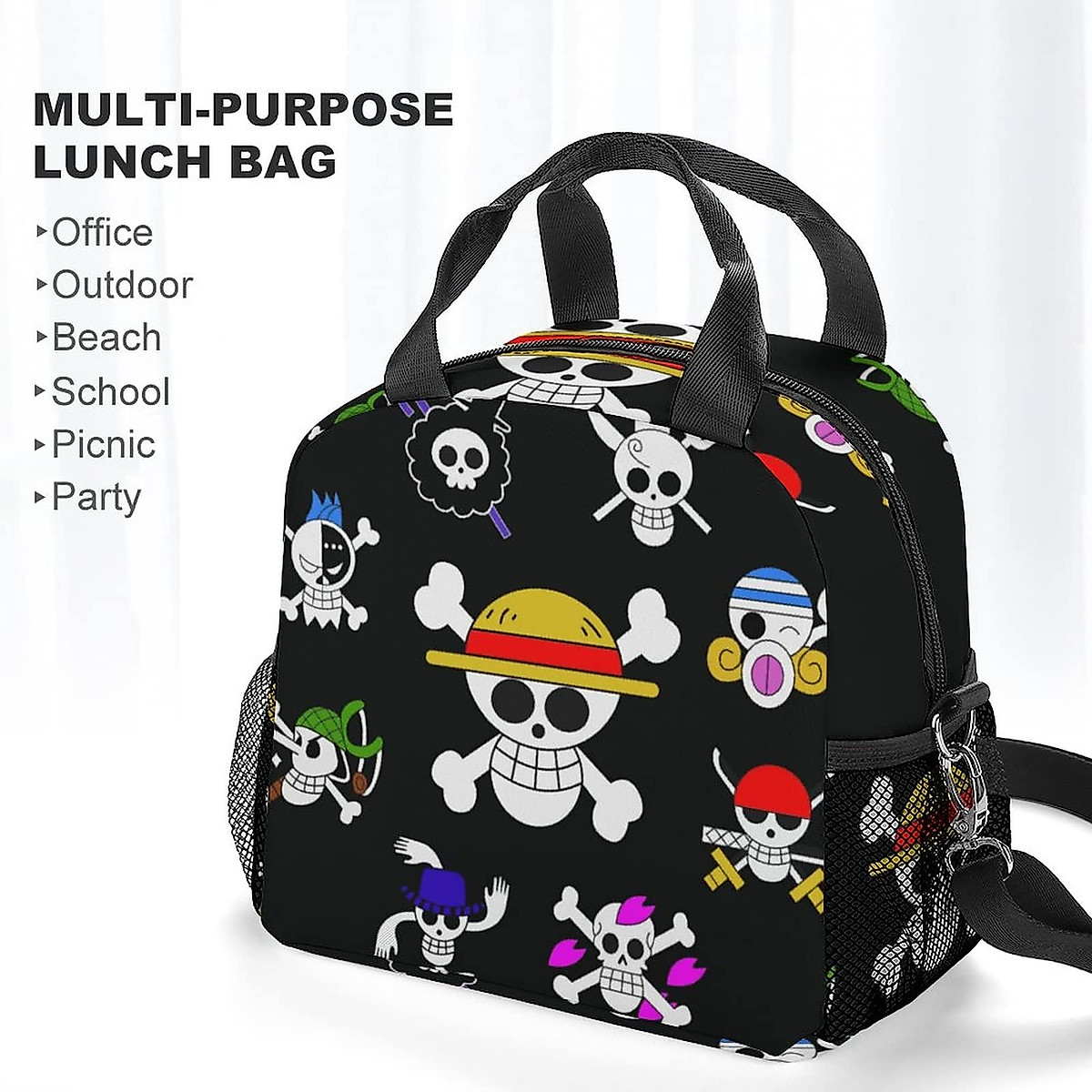 CHSSONG Insulated Lunch Bag One Skull Piece Dinner Box Leakproof Cooler Portable Handbag Reusable Thermal Tote Bag With Adjustable Shoulder Strap Black, 25.5x22.5x16.5cm(10x8.9x6.5inch)