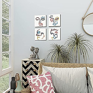 SUMGAR Abstract Face Wall Art Boho Decor Minimalist Line Drawing Artwork Mid-Century Morocco Pictures Shabby Chic Beige Framed Canvas Prints for Bathroom Bedroom Living Room - 12" x 12" 4 panel