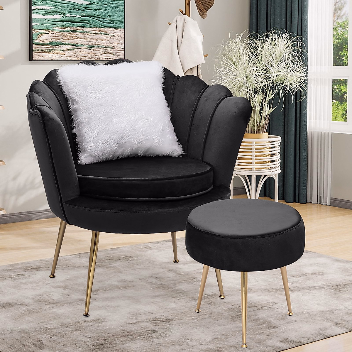 Magshion Modern Velvet Scalloped Back Accent Chair - Black, 250 lb Weight Capacity, Footrest & Pillow, Indoor Use