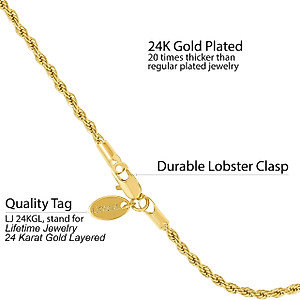 LIFETIME JEWELRY Womens Gold Anklet 2mm Rope Chain Ankle Bracelet 24k Real Gold Plated (6.5, Gold)