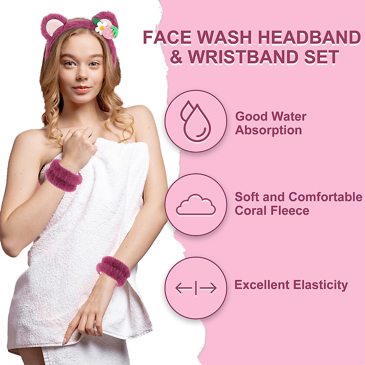 CAVETEE 3 Piece Cute Headband Set for Women - Elastic Makeup, Skincare, and Spa Headband with Wristband