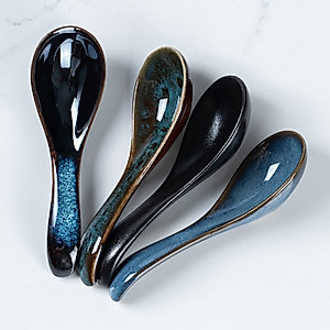 HOKELER Ceramic Asian Soup Spoons 5.6 inch Chinese Japanese Porcelain Soup Spoon for Ramen Pho Miso Wonton, Set of 4 (4 Colors)