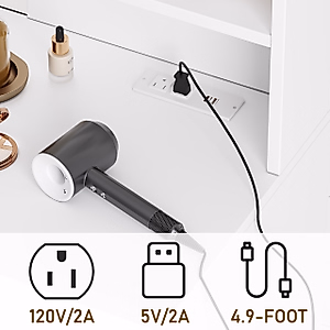 Keehusux Vanity Table with Mirror and Lights, 3 Lighting Colors, Bedroom Makeup Vanity with Charging Station, Makeup Desk with 5 Drawers and Open Storage Shelves, White KES001WSZT